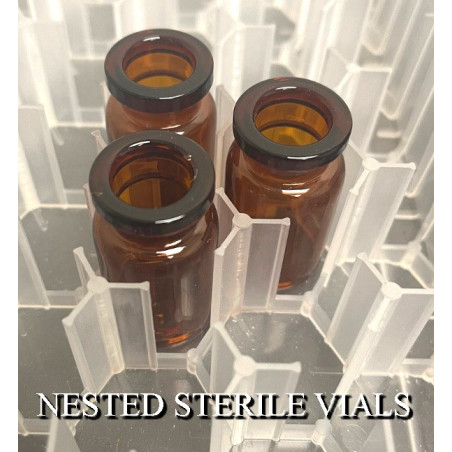 ISO 10R 10ml Amber Open Sterile Vial, Nested Tray of 96